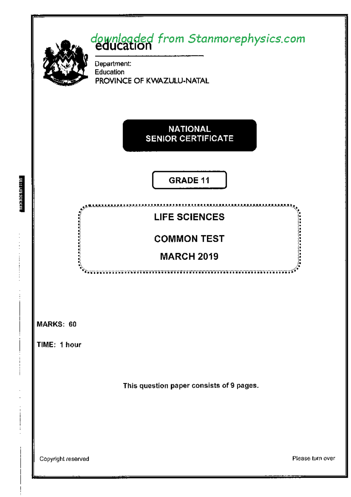 Grade 11 Life Sciences March 2019 Common Test Memorandum - Studocu