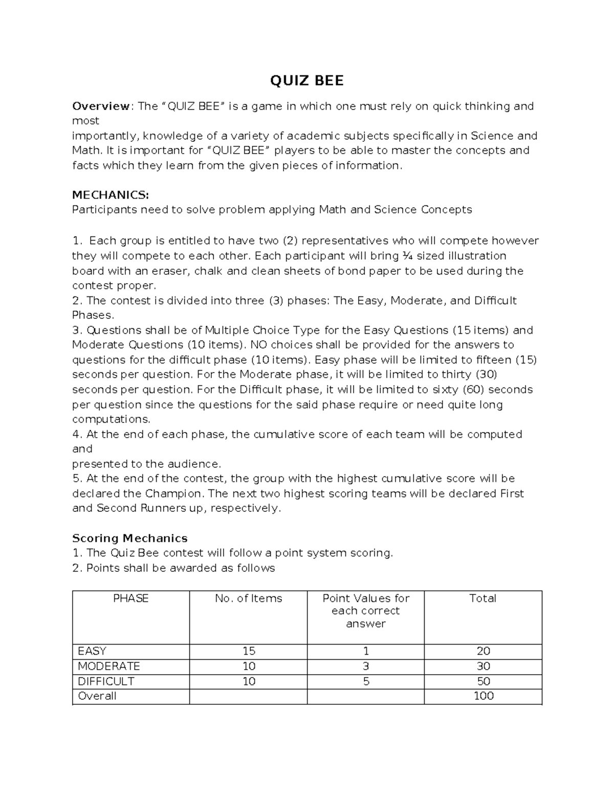 Sci-Math Games: Quiz Bee & Pinoy Henyo Overview and Mechanics - Studocu