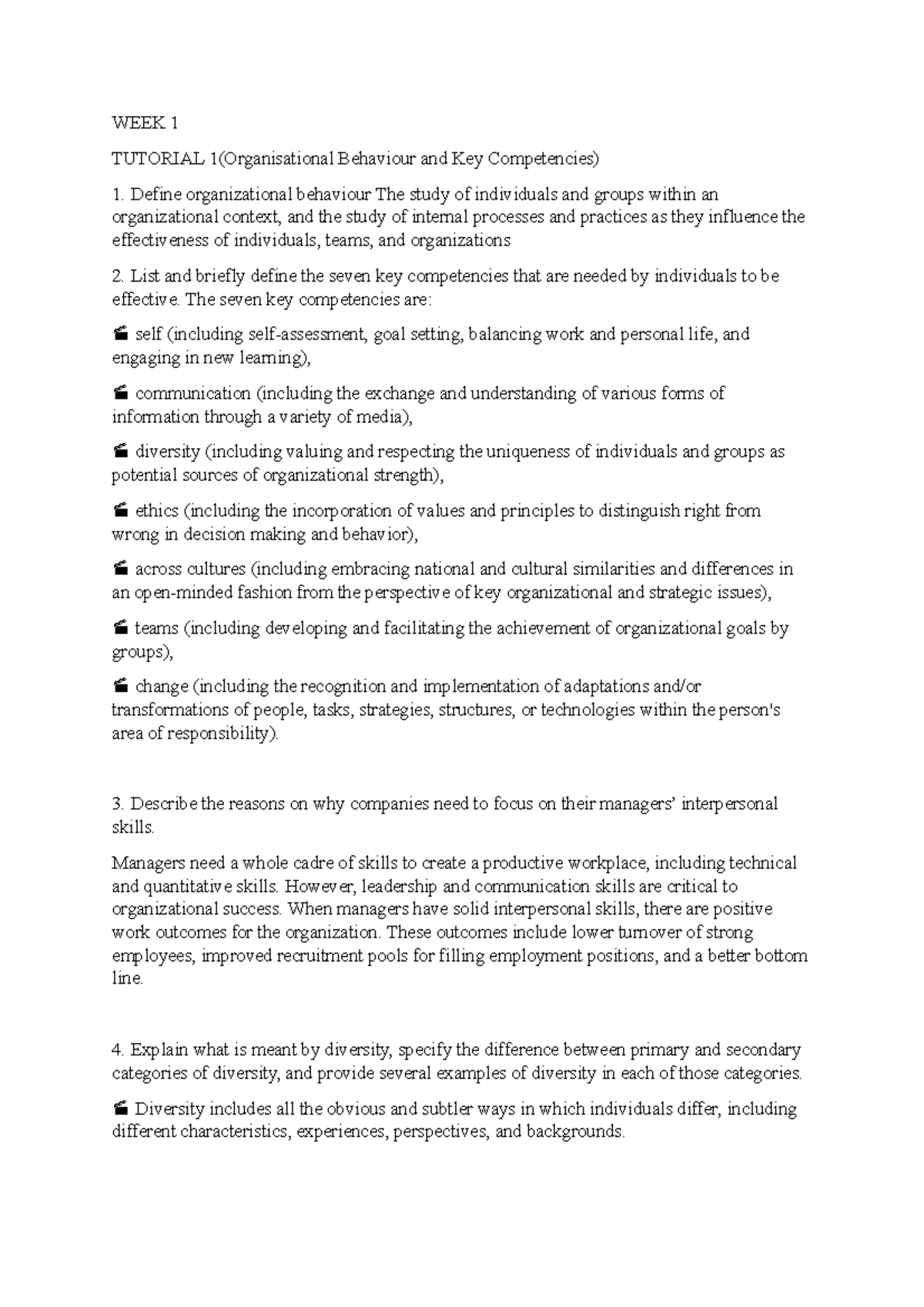 Organizational Behavior Tutorial 1: Key Competencies & Diversity Insights - Studocu