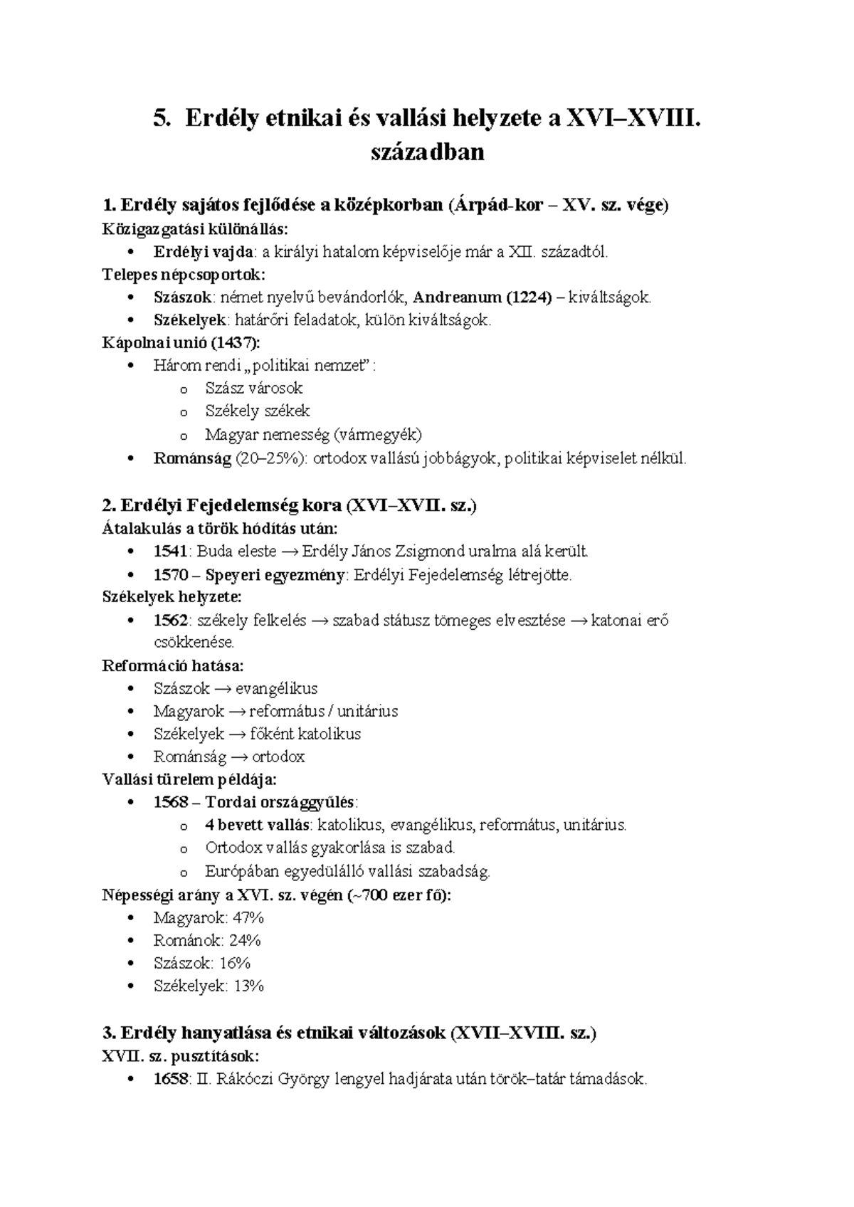 5. Erdély Etnikai és Vallási Helyzete a XVI–XVIII. Században - Studocu