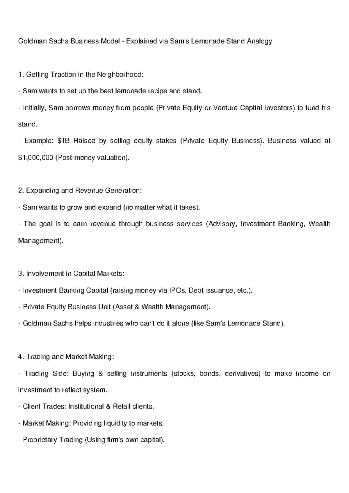 Goldman Sachs Business Model: A Lemonade Stand Analogy Explained - Studocu