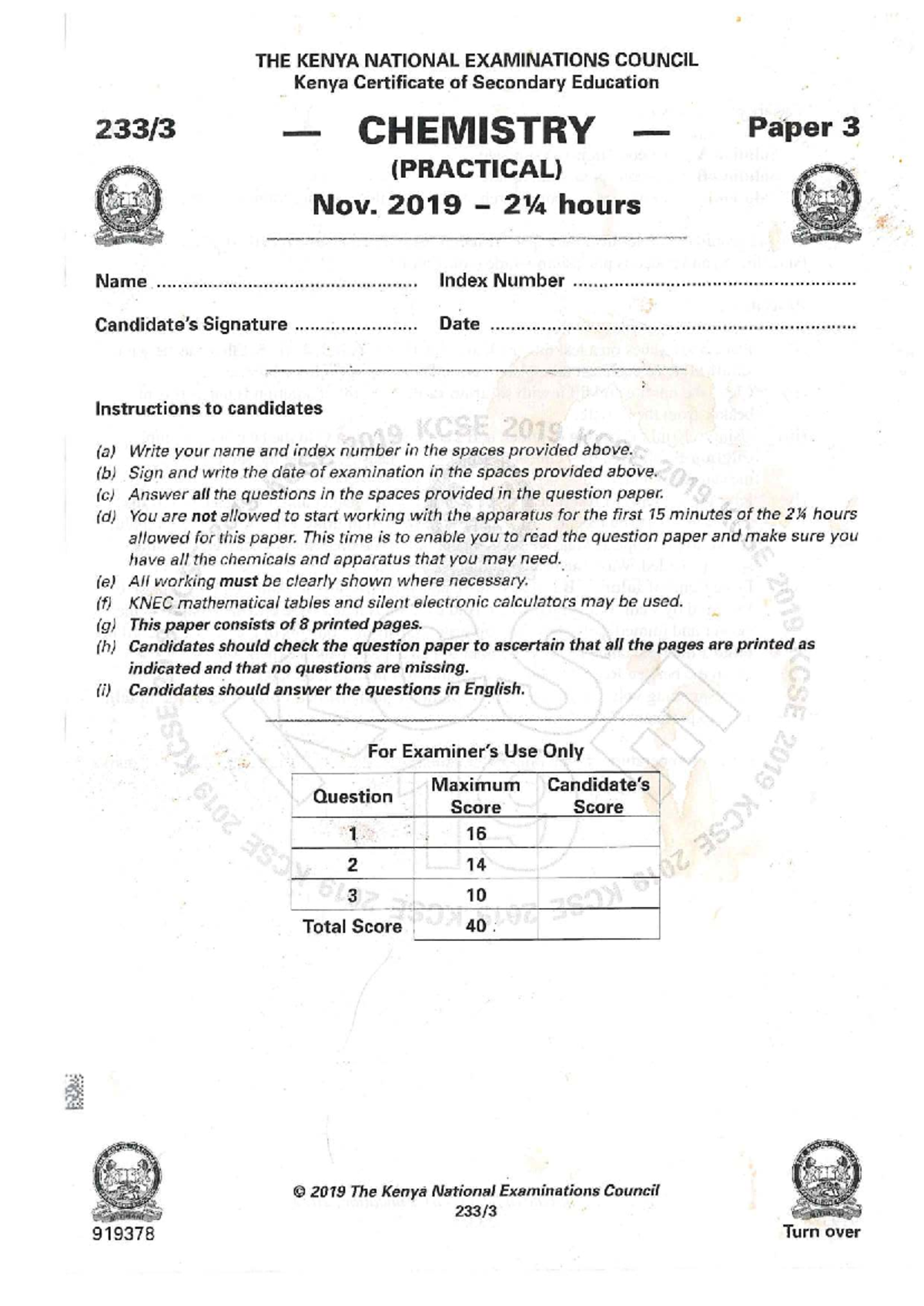 2019 KCSE Chemistry Paper 3 Practical Exam Guide - Studocu