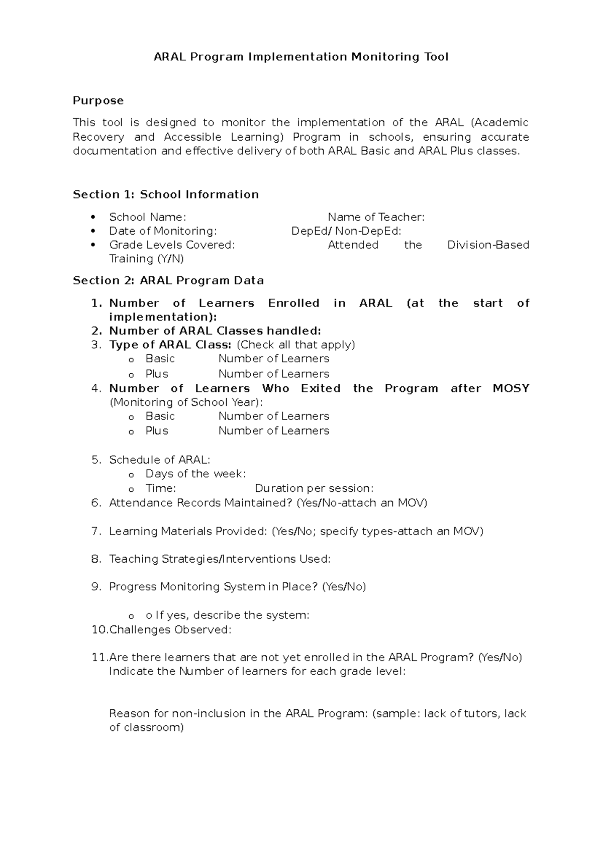 ARAL Program Monitoring Tool - RRE Implementation Guide - Studocu
