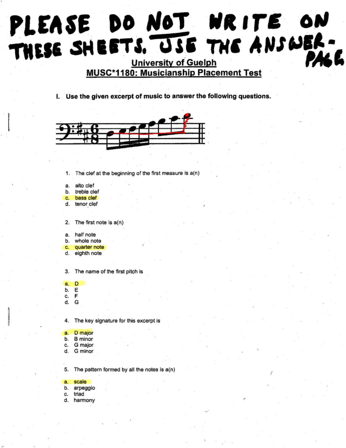 Theory & Musicianship I Placement Test Questions - Studocu