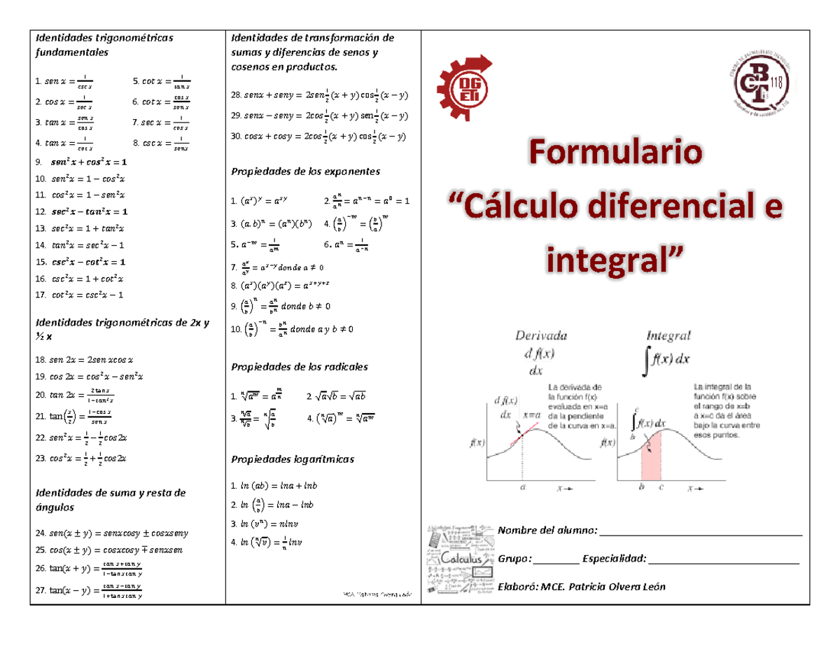 Identidades y Propiedades en Cálculo Diferencial e Integral (Cálculo) - Studocu