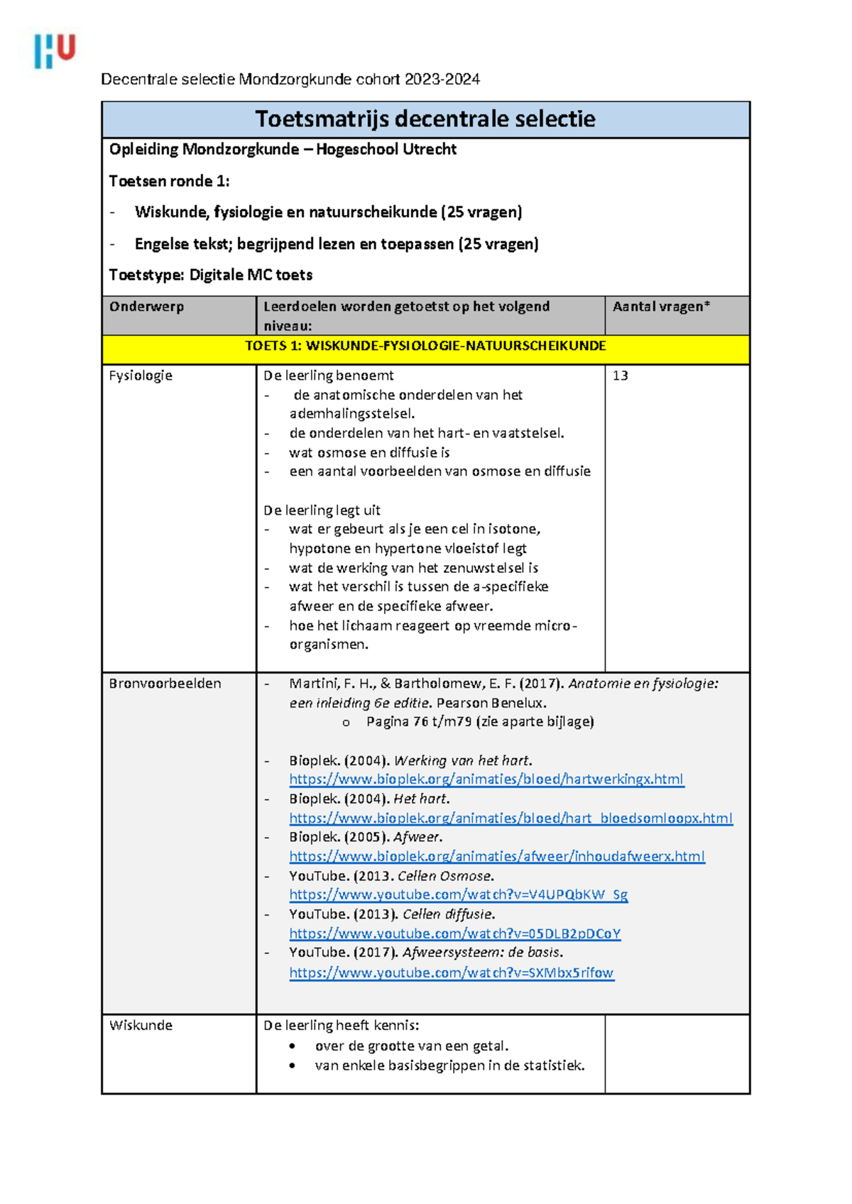 Toetsmatrijs Decentrale Selectie Mondzorgkunde Ronde 1 2023-2024 ...