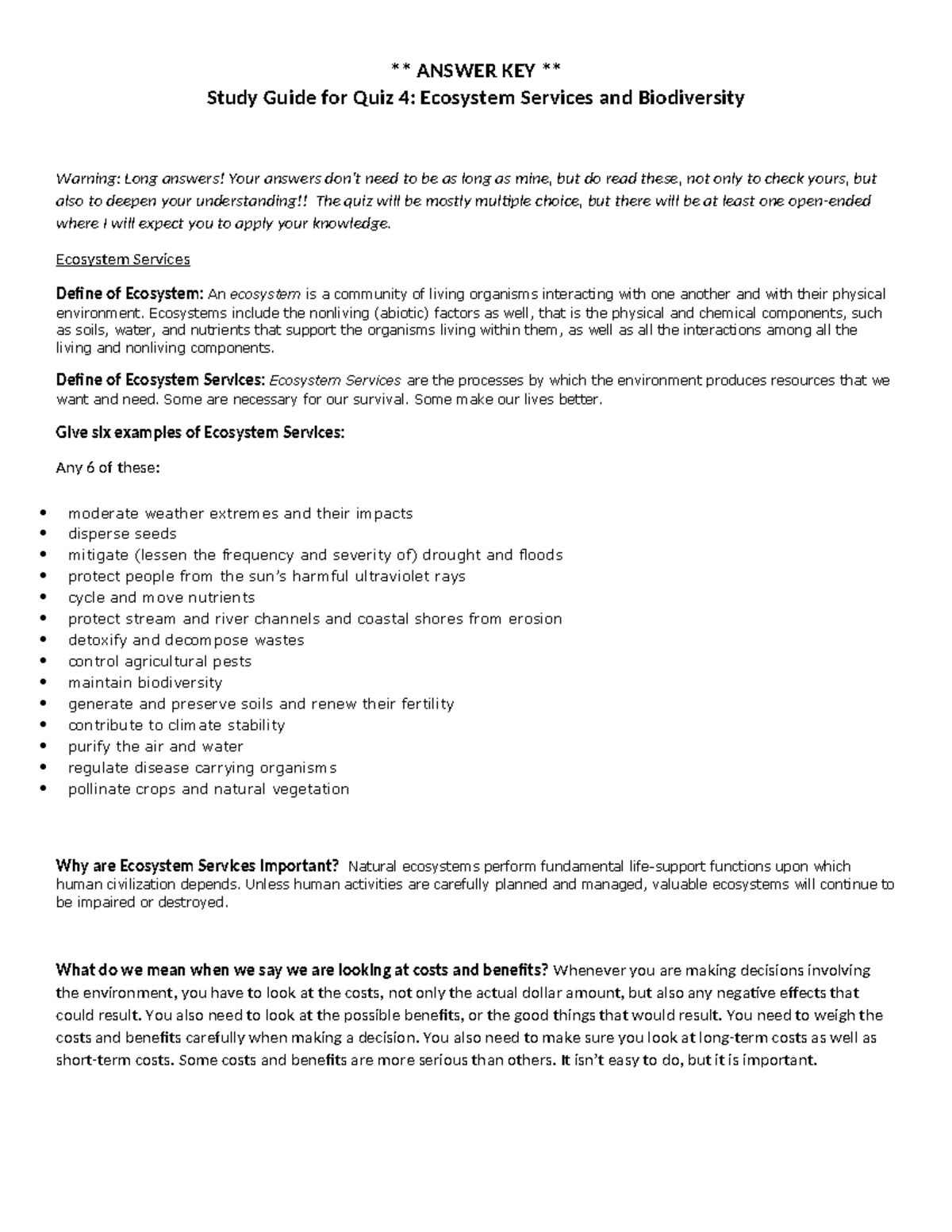 Quiz 4 Study Guide: Answer Key on Ecosystem Services & Biodiversity ...