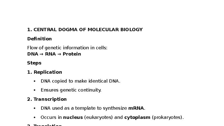 DNA Notes for Exam: Central Dogma & Replication Overview - Studocu