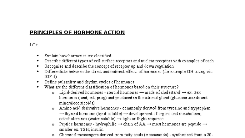 Principles of Hormone Action: Receptors, Functions, and Mechanisms - Studocu