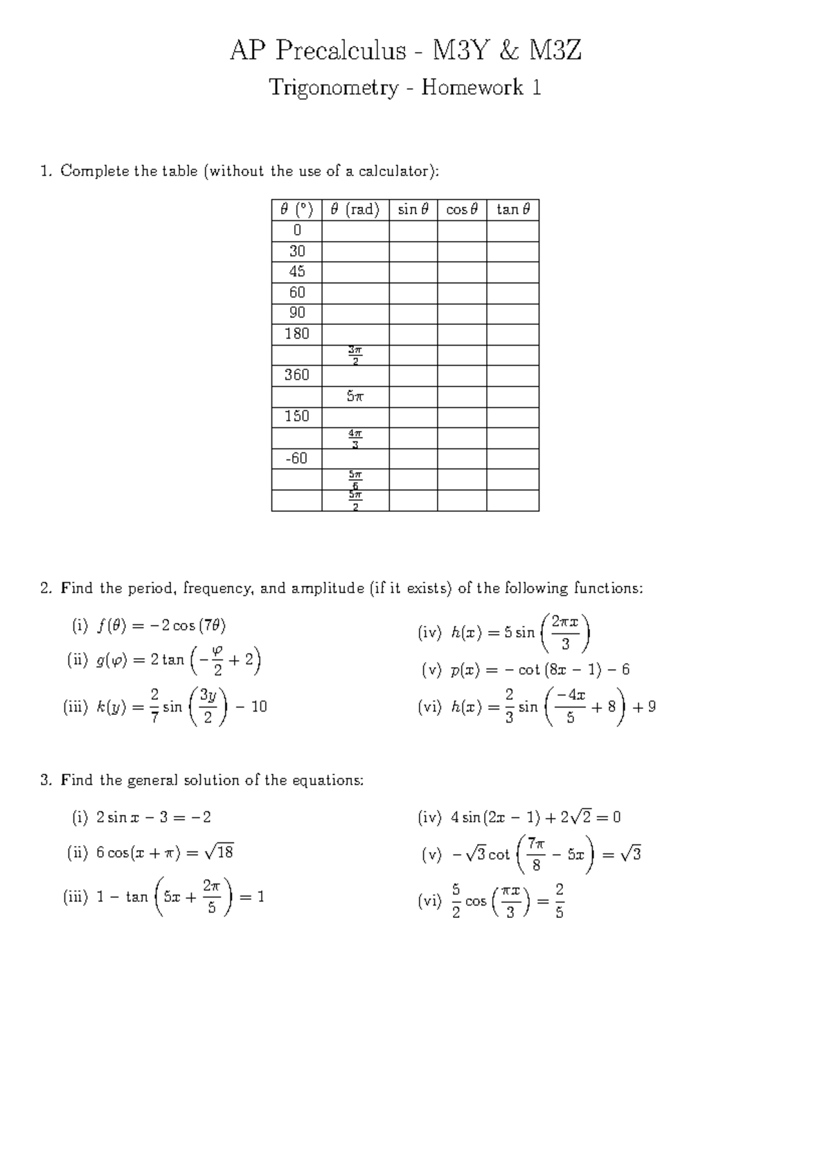 AP Pre Calc Trigonometry Homework 1 - AP Precalculus - M3Y & M3Z ...