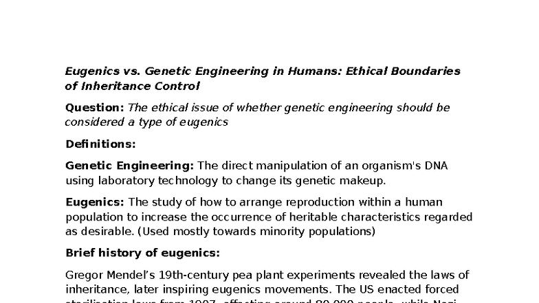 Ethical Boundaries in Genetic Engineering vs Eugenics: A Study (BIO 101 ...