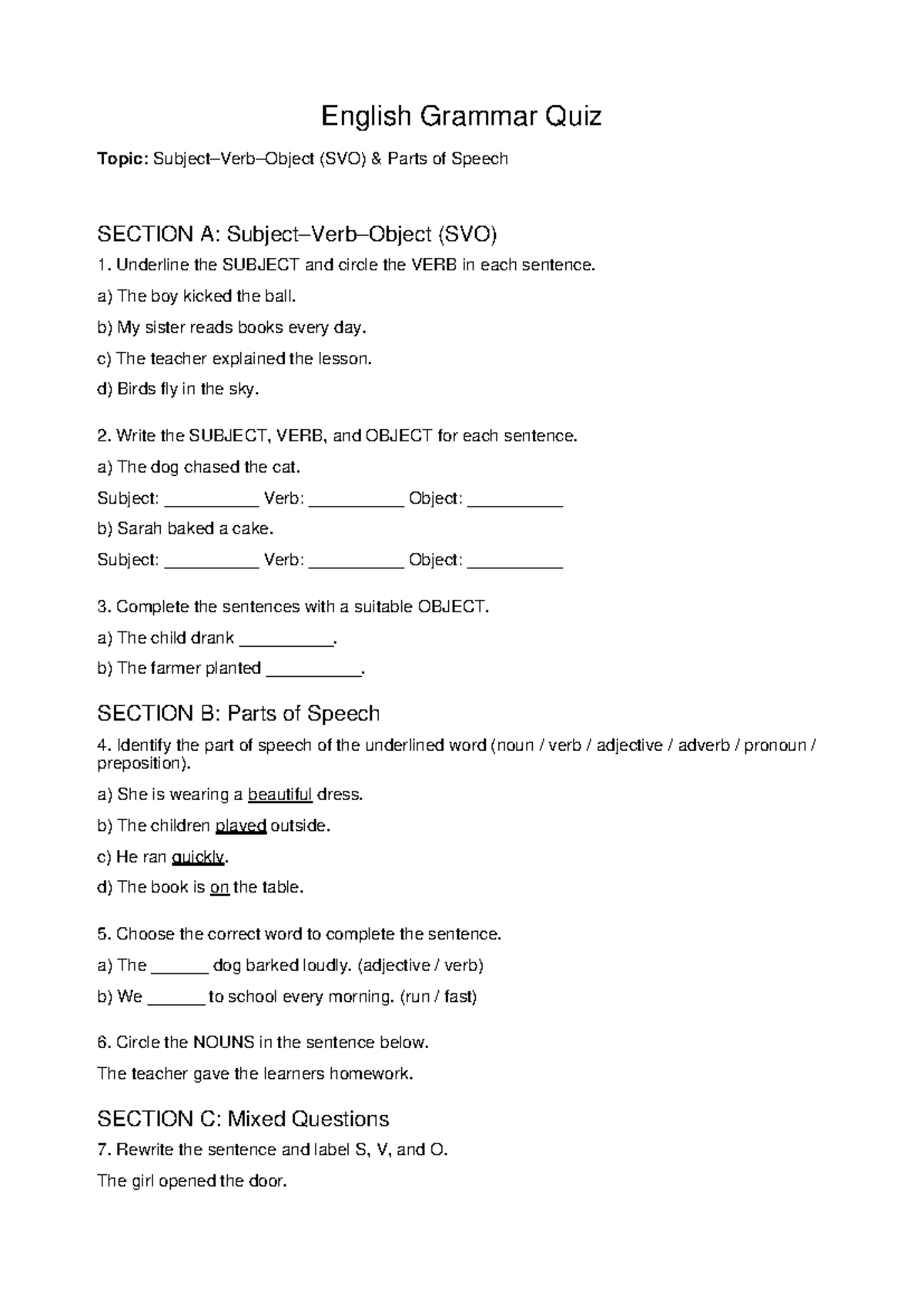 SVO and Parts of Speech Quiz (ENG 101) - Studocu