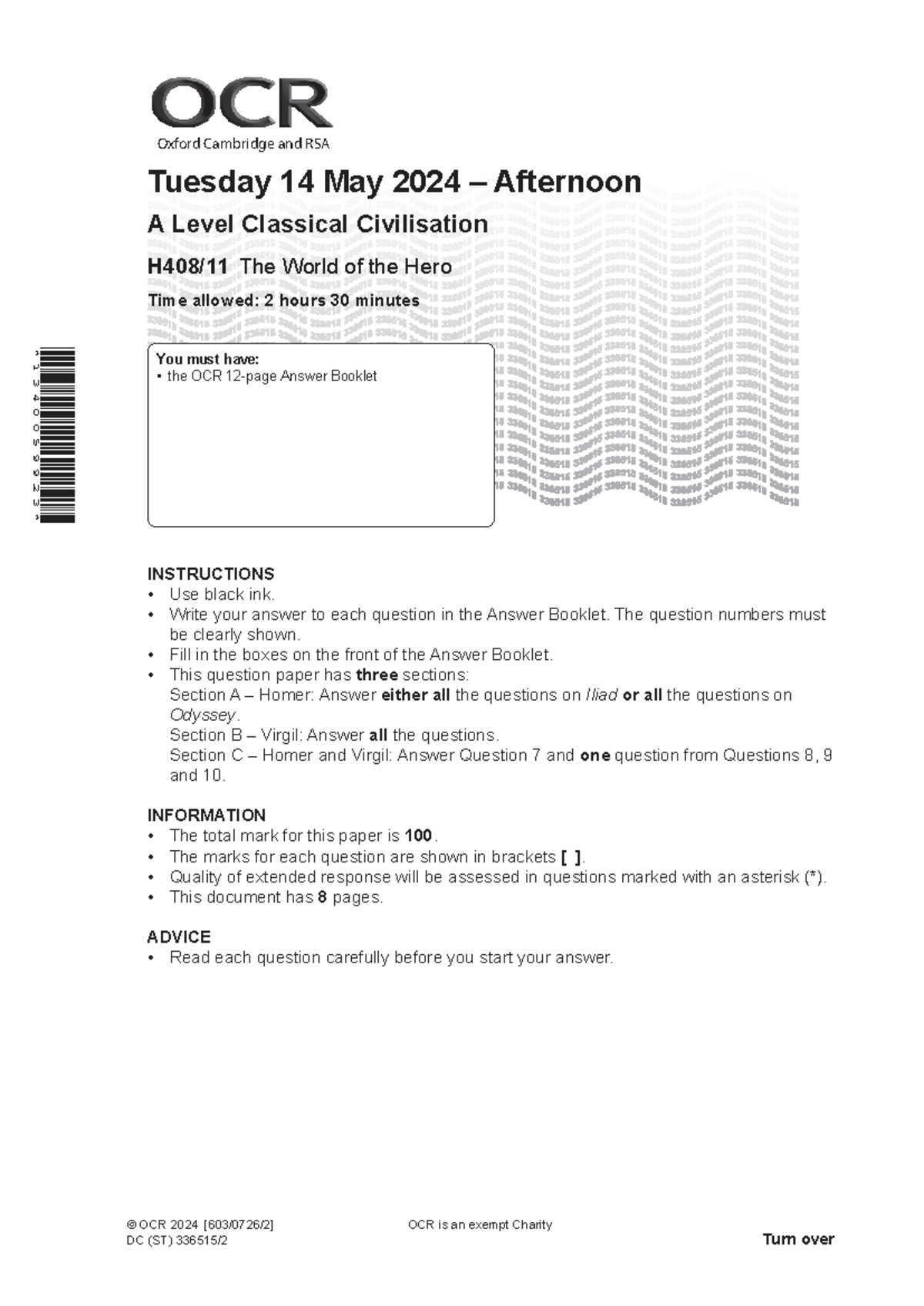 A Level Classical Civilisation: The World of the Hero Exam Paper (OCR ...