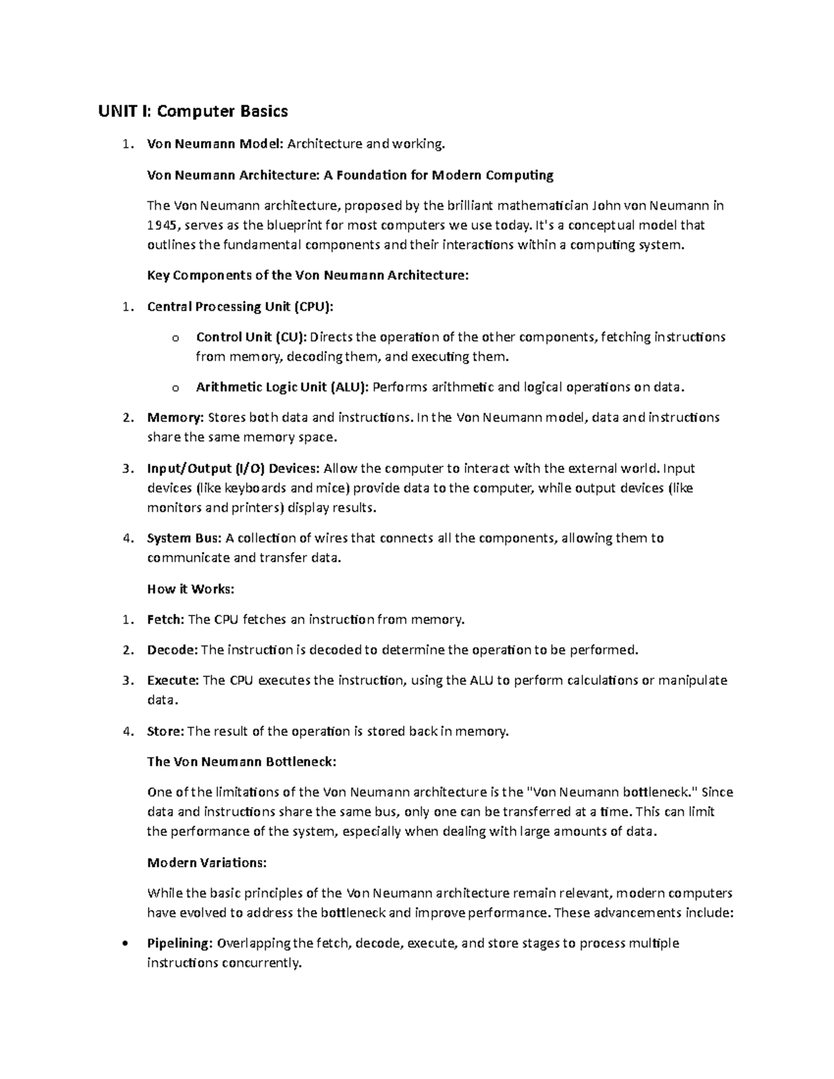 UNIT I - notes - UNIT I: Computer Basics 1. Von Neumann Model ...