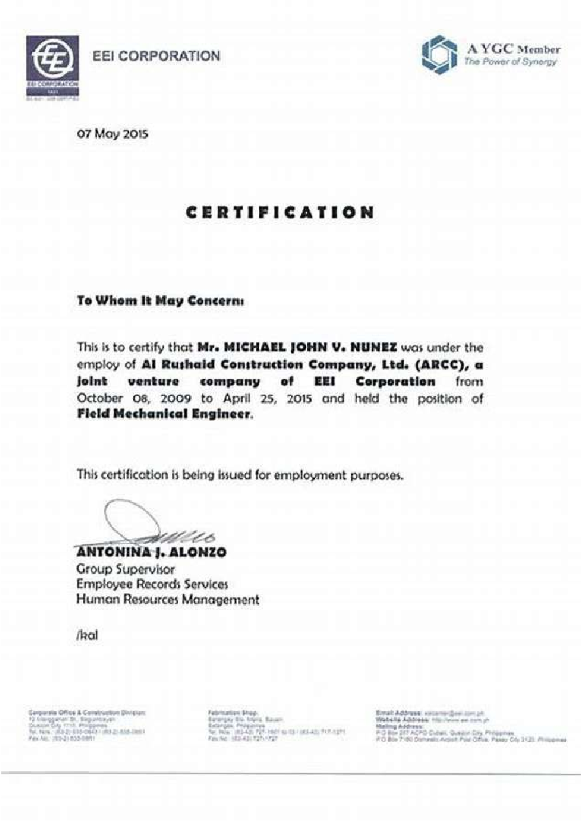 Certification of Employment for Michael John V. Nunez - EEI Corp - Studocu