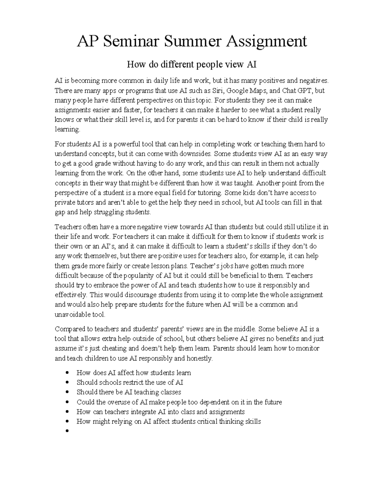 AP Seminar Summer Assignment: Perspectives on AI in Education - Studocu