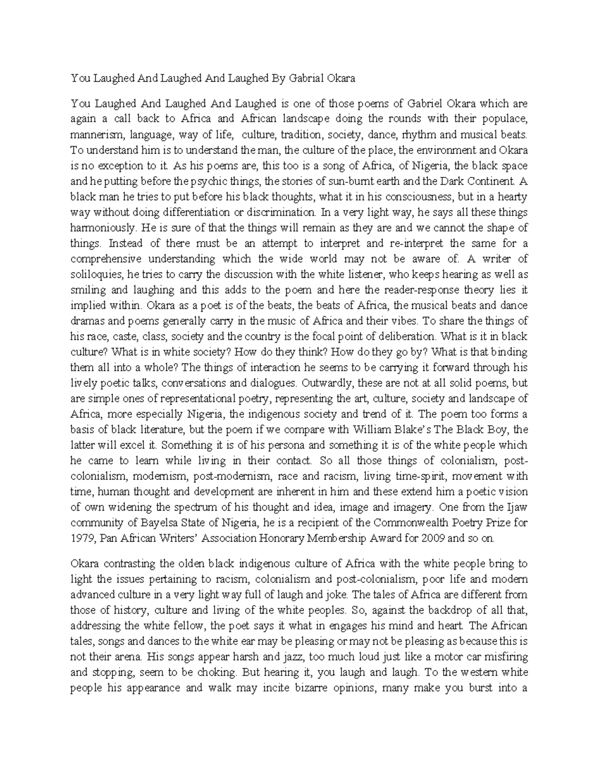 Analyzing Gabriel Okara's Poem "You Laughed And Laughed And Laughed ...