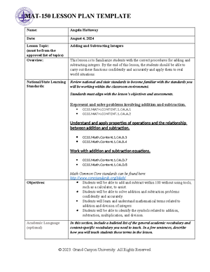 MAT-150 Lesson Plan Template - MAT-150 LESSON PLAN TEMPLATE Name: Ryah ...