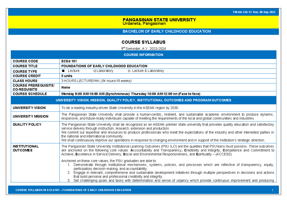 ECEd 101 Course Syllabus: Foundations of Early Childhood Education ...