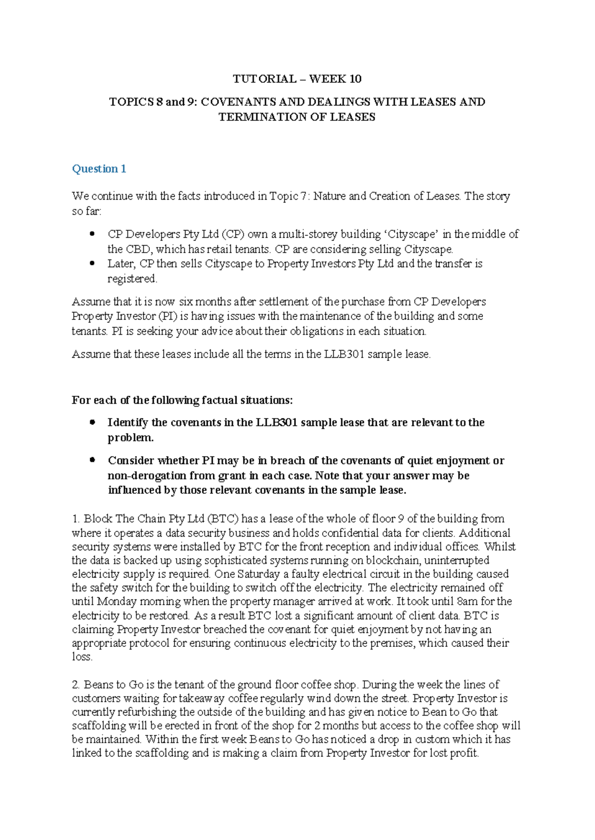 TUTORIAL LLB301 WEEK 10: COVENANTS & LEASE TERMINATION ISSUES - Studocu