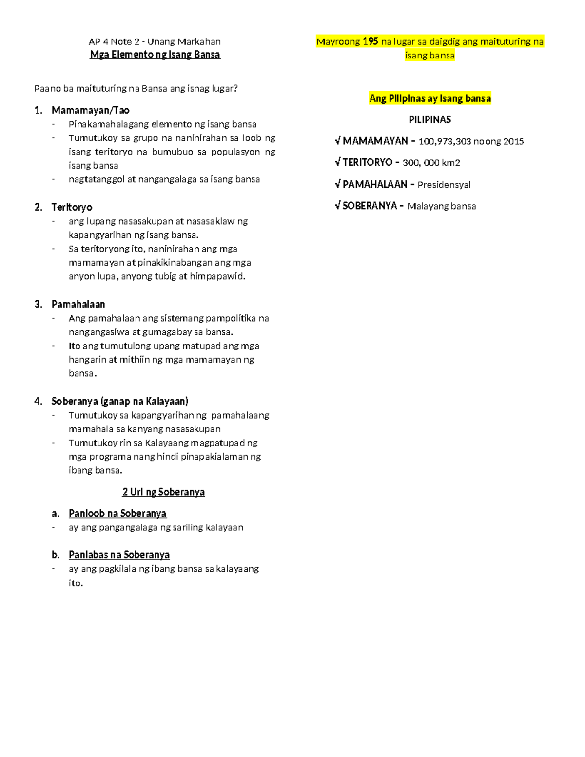 AP 4 Note 2 - Mga Elemento ng Bansa at Kanilang Kahulugan - Studocu
