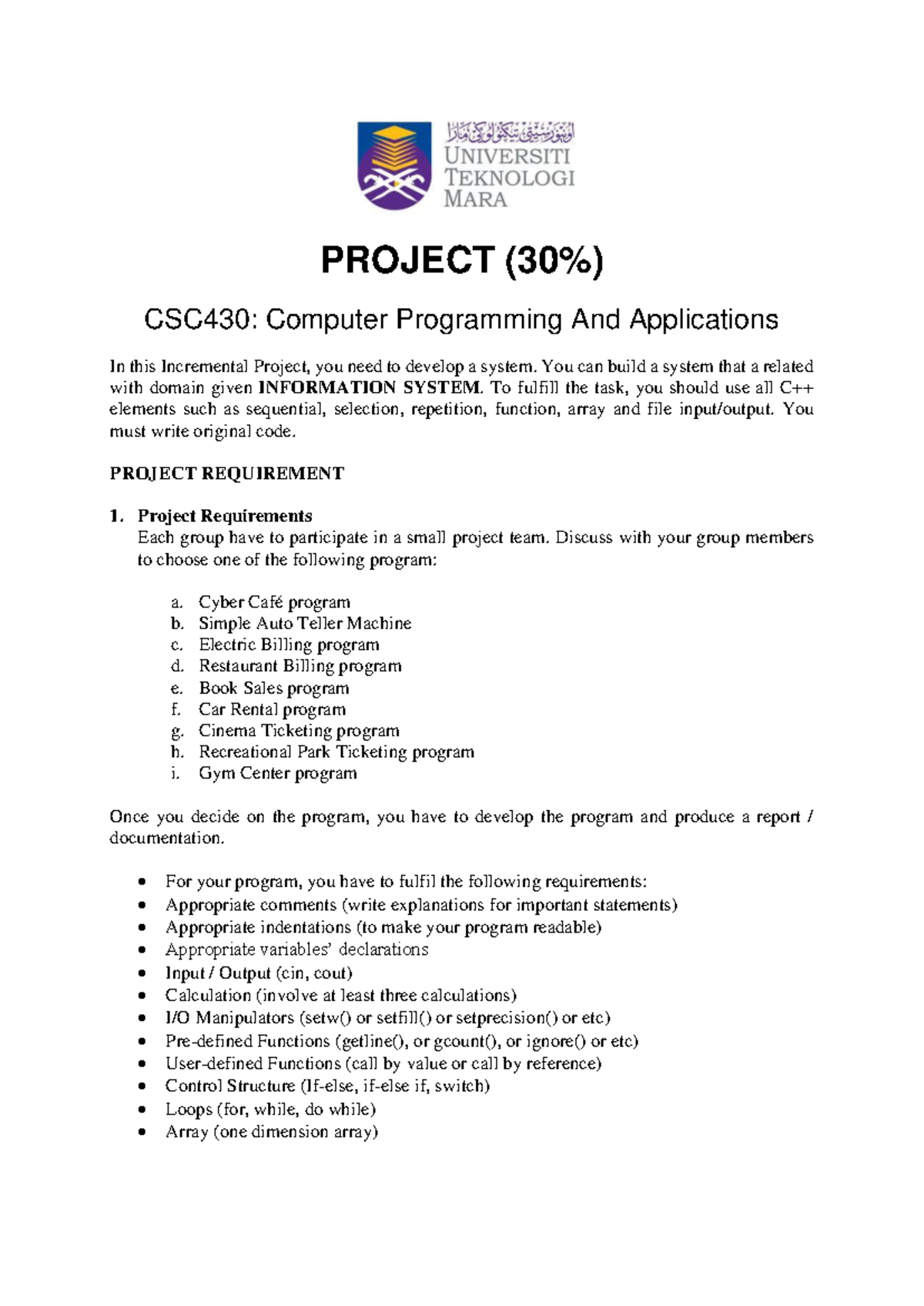CSC430 Project - Course Assignment - PROJECT ( 3 0%) CSC 430 : Computer ...