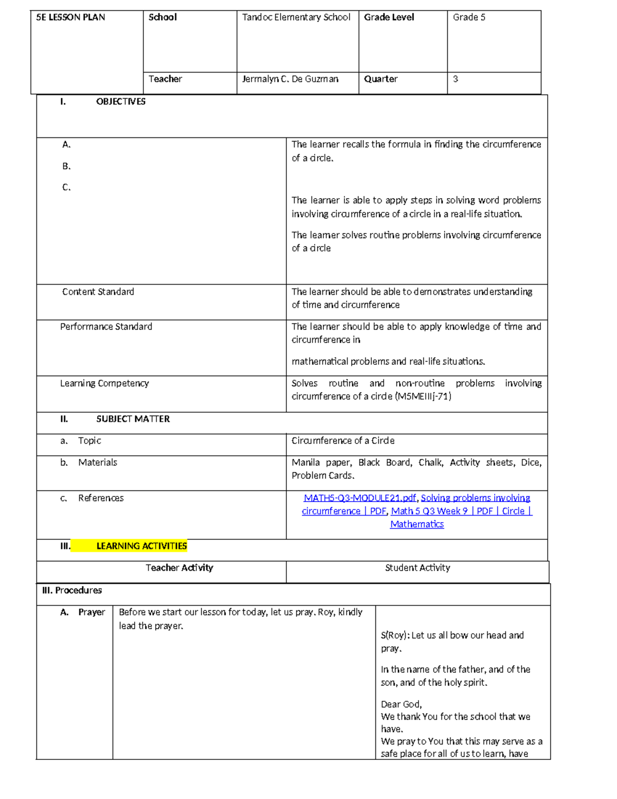 MATH-5E-DLP - Lesson Plan on Circumference of a Circle - Studocu
