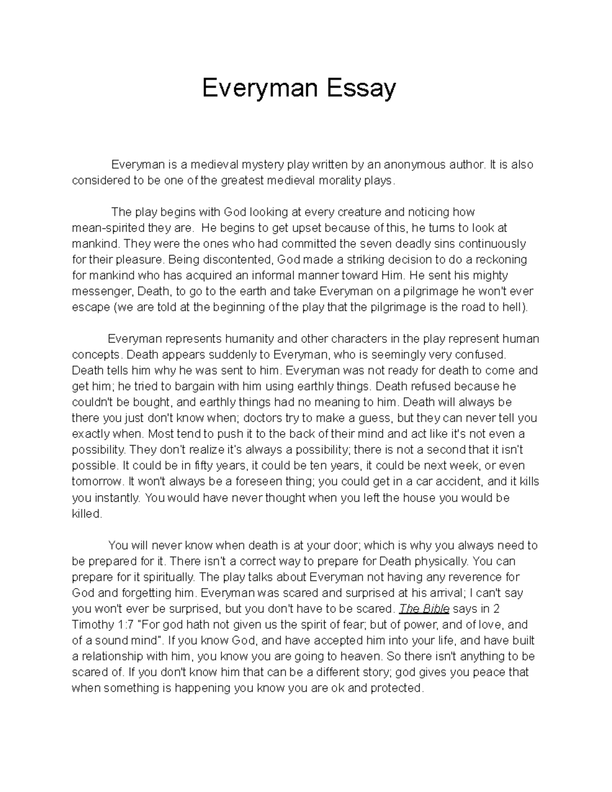 Everyman Essay Analysis: Exploring Death and Morality Themes - Studocu