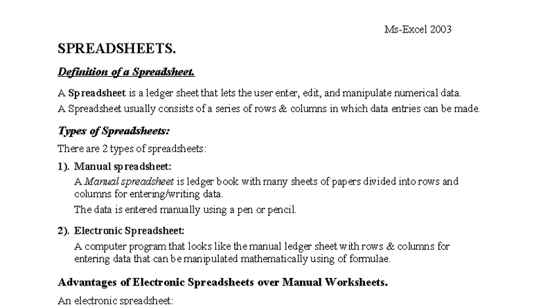 Ms-Excel notes 2010-1 - Copy - Ms-Excel 2003 SPREADSHEETS. Definition ...