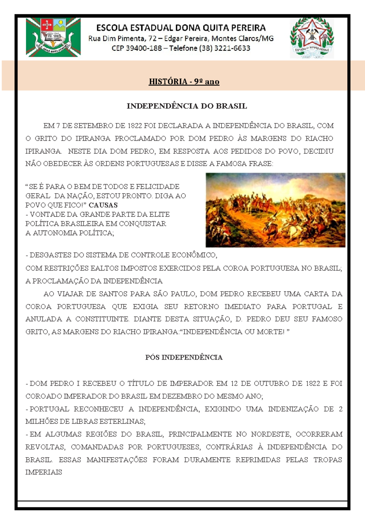 HISTÓRIA 9º ANO: A INDEPENDÊNCIA DO BRASIL EM 1822 - Studocu