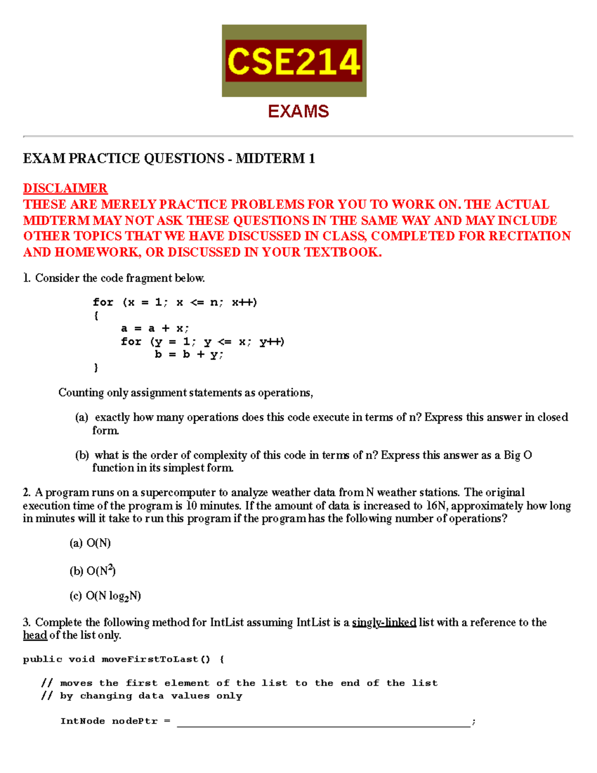 CSE214 Midterm Exam Practice Questions - Answers Included - Studocu
