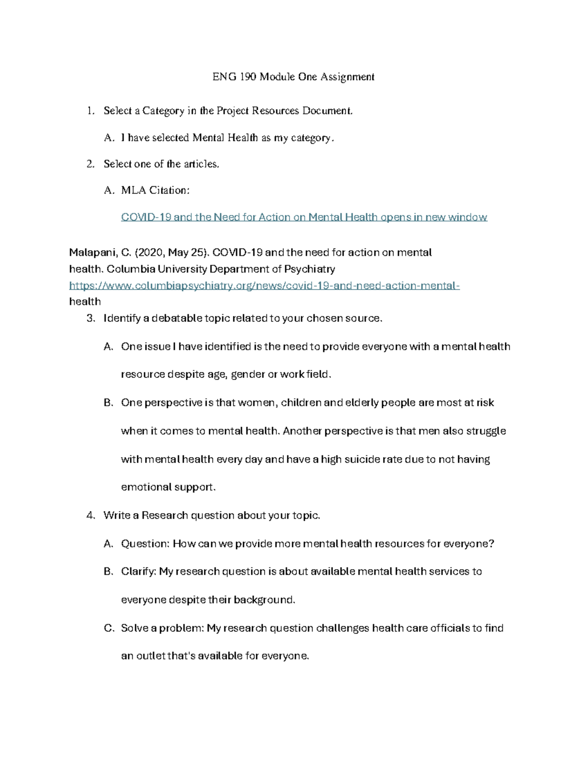 ENG 190 M1 - Module 1 Assignment on Mental Health Resources - Studocu