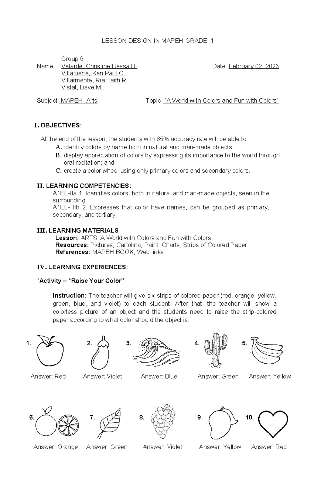 653612673 Grade 1 ARTS Colors - LESSON DESIGN IN MAPEH GRADE 1 Group 6 ...