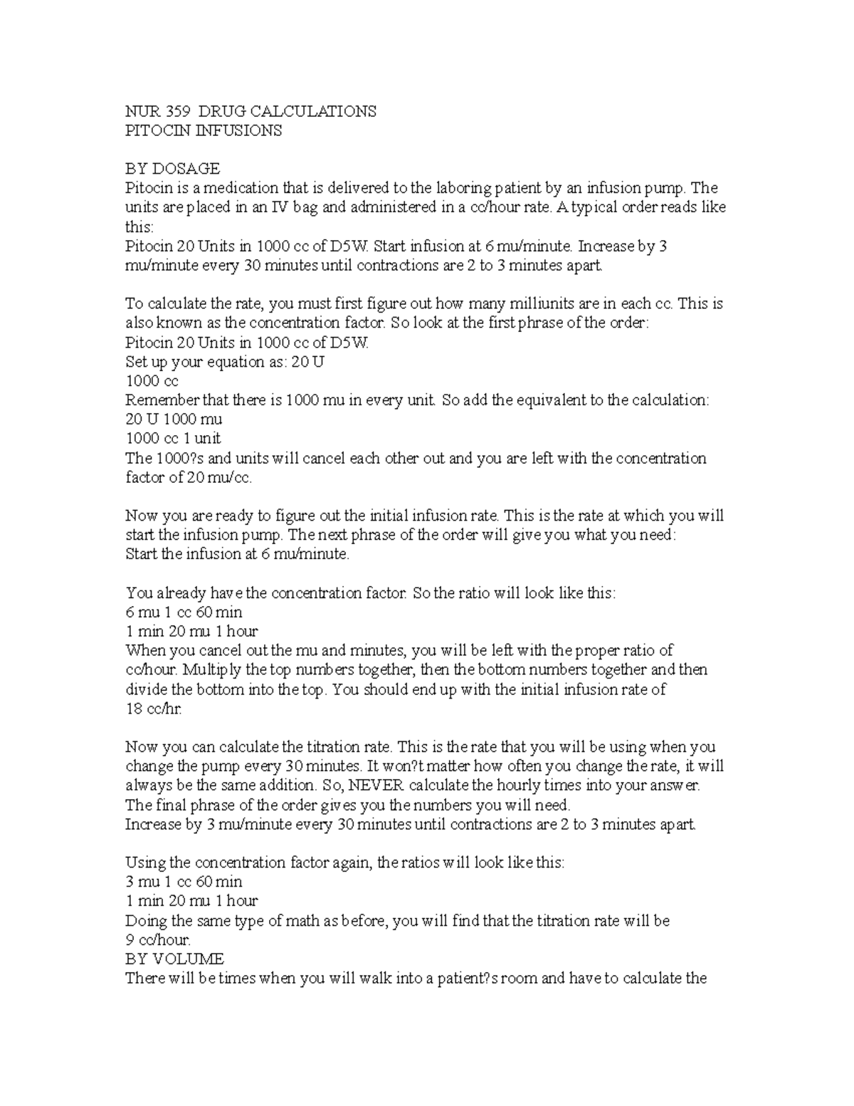 NUR 359 DRUG Calculation maternity - NUR 359 DRUG CALCULATIONS PITOCIN ...