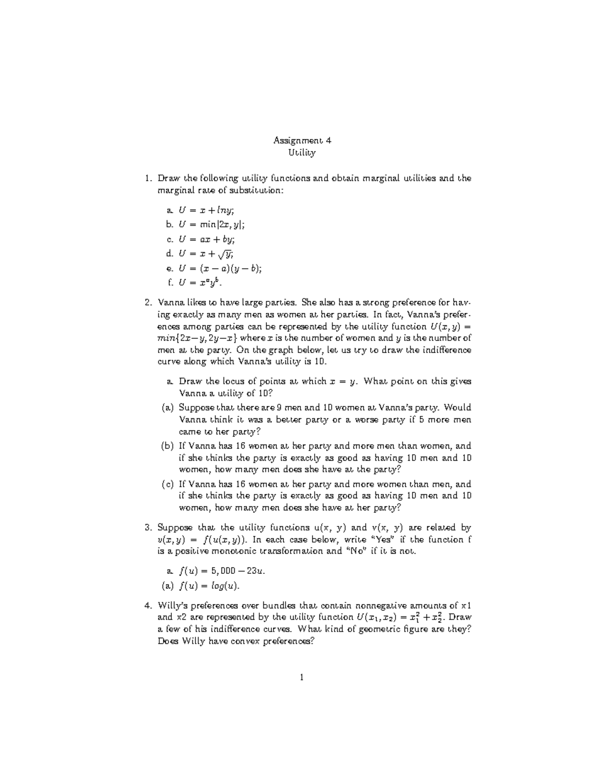 Assignment 4: Utility Functions & Marginal Rate of Substitution ...