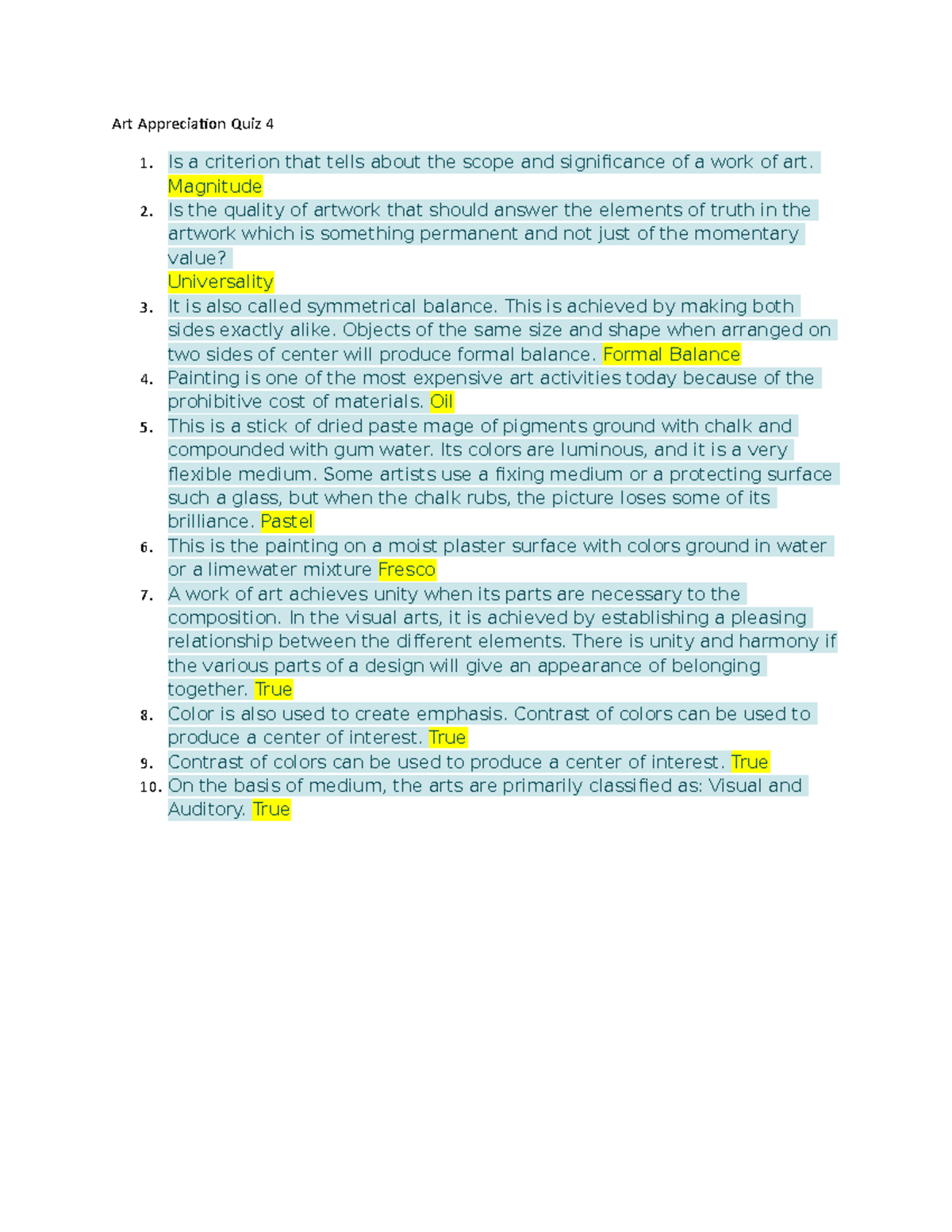 Art Appreciation Quiz #4: Key Concepts and Definitions - Studocu