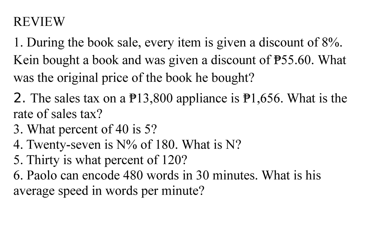 Review Questions for MATH 7: Discounts, Percentages, and Averages - Studocu