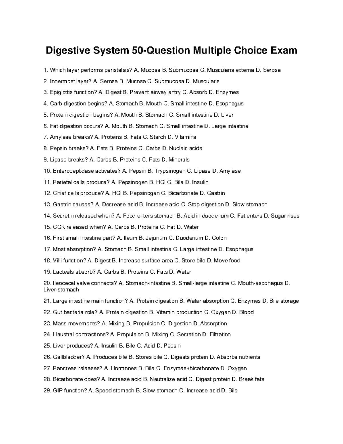 Digestive System MCQ Exam Study Guide for Anatomy 101 - Studocu
