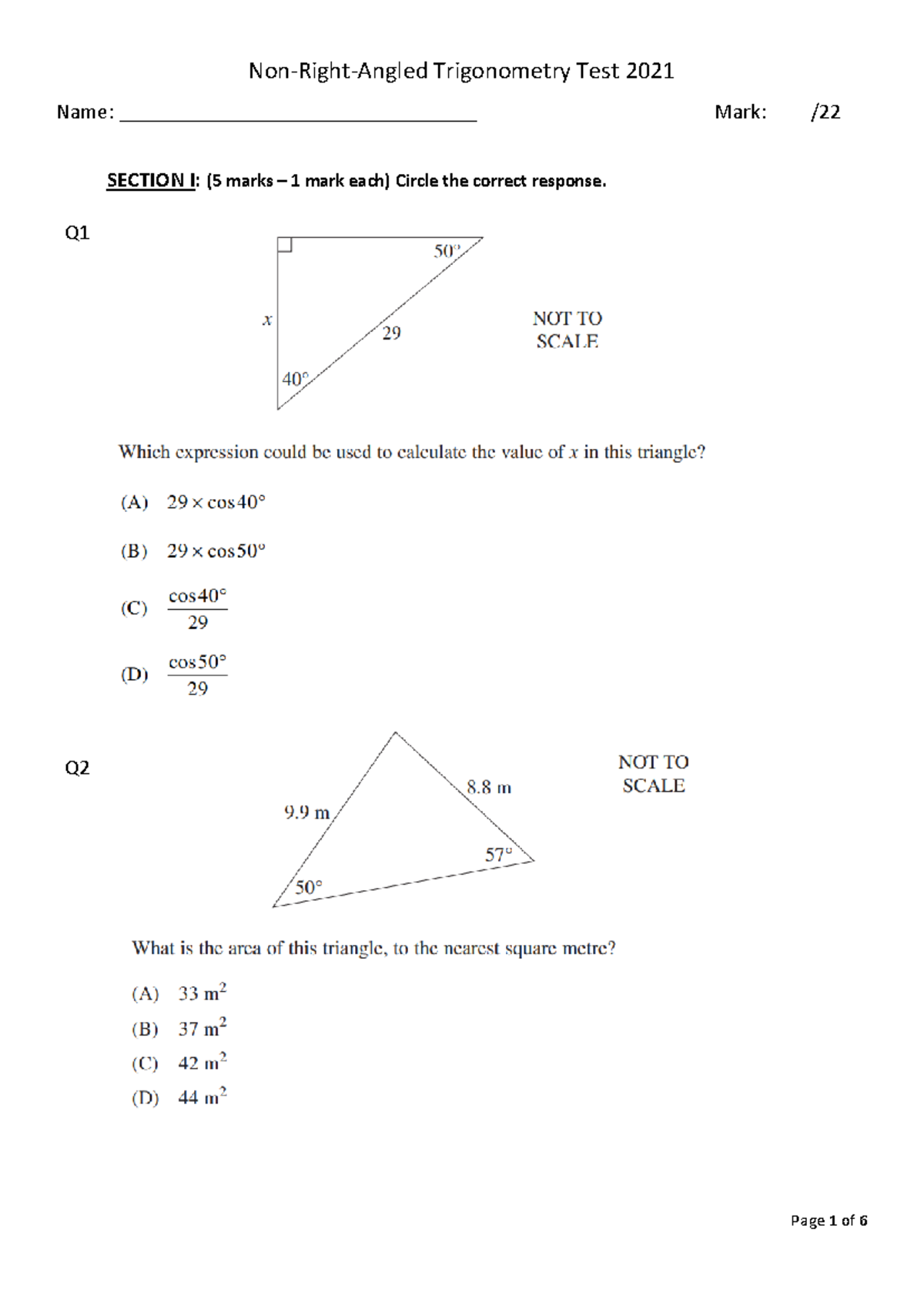 Trigonometry Right Angles Topic Test - Name ...
