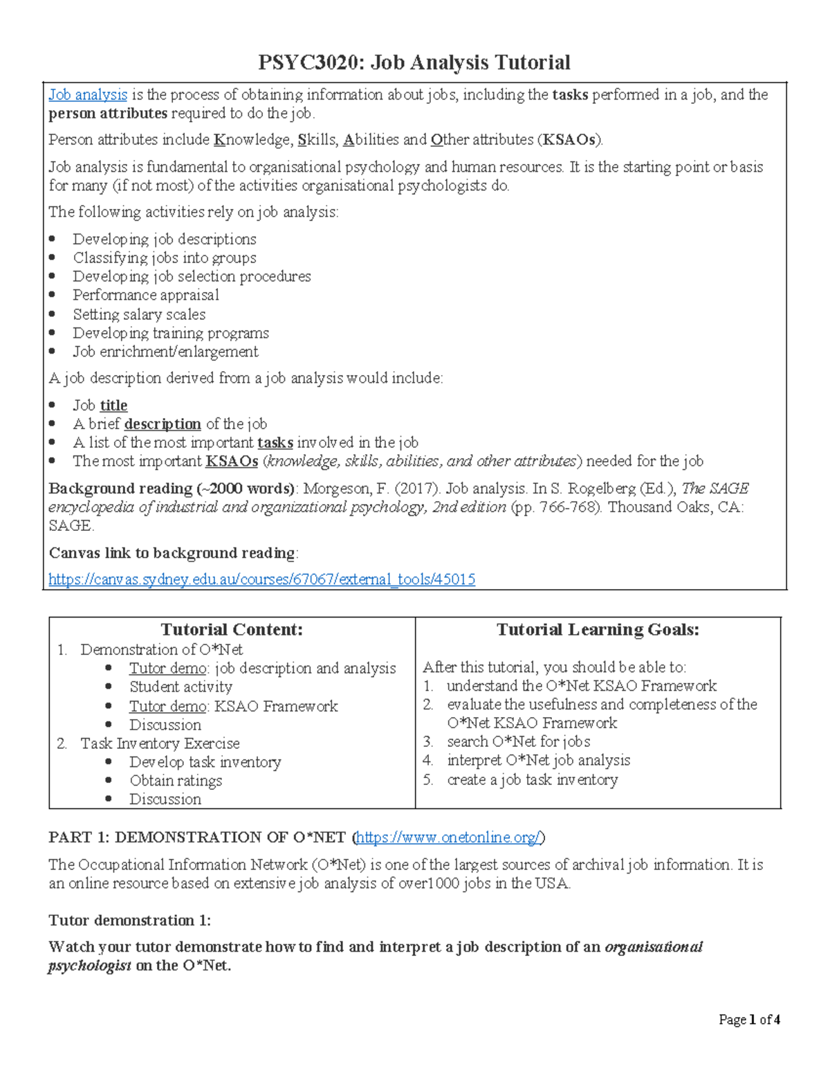 PSYC3020: Job Analysis Tutorial Notes for Organisational Psychology ...
