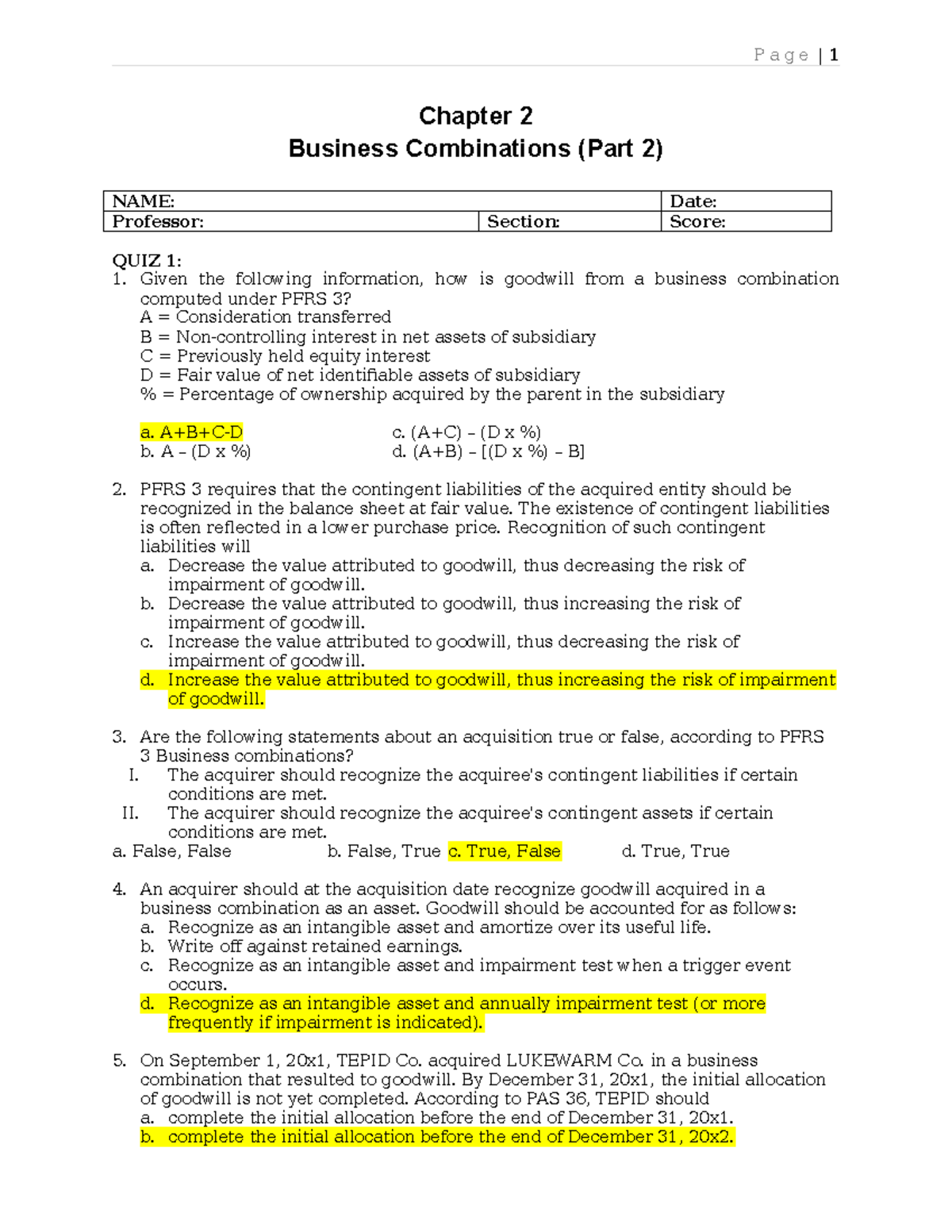 QUIZ Chapter 2: Business Combinations (Part 2) Insights and Solutions ...