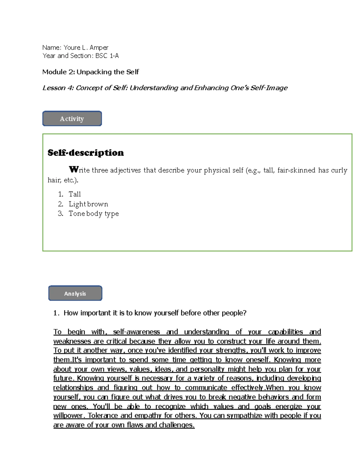 GE1 Module 3 Lesson 2 application - Name: Youre L. Amper Year and ...