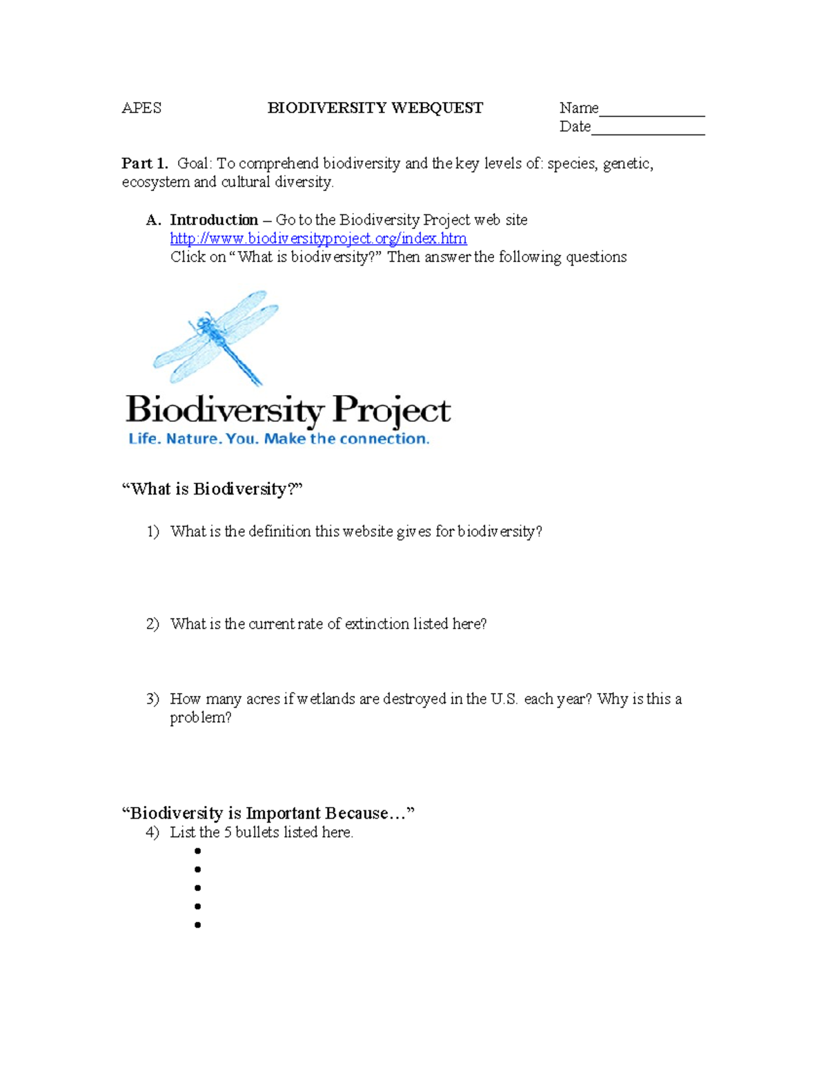 Biodiversity Webquest - APES BIODIVERSITY WEBQUEST Name ...