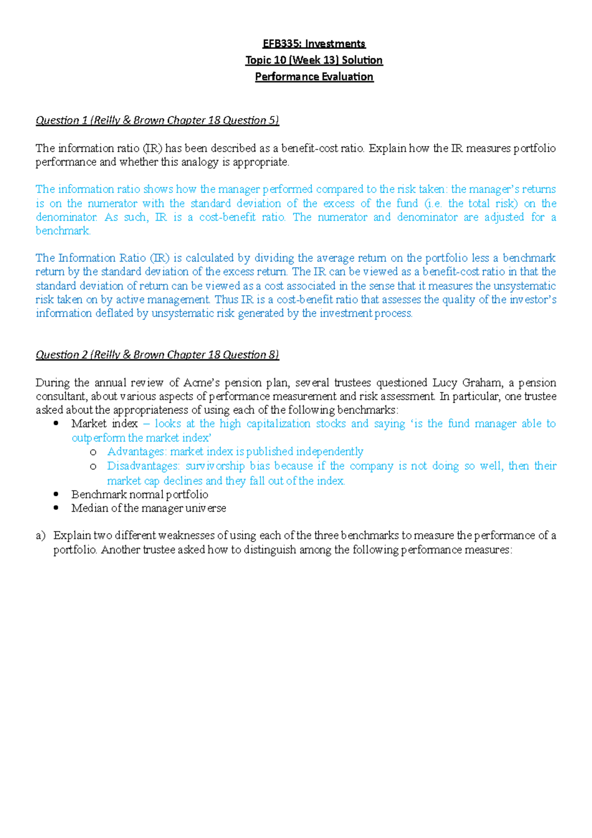 EFB335: Investments - Tute 10 Performance Evaluation Solutions - Studocu
