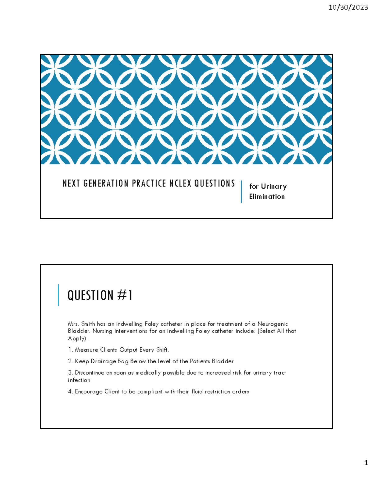 NGP NCLEX Questions: Focus on Urinary Elimination Techniques - Studocu