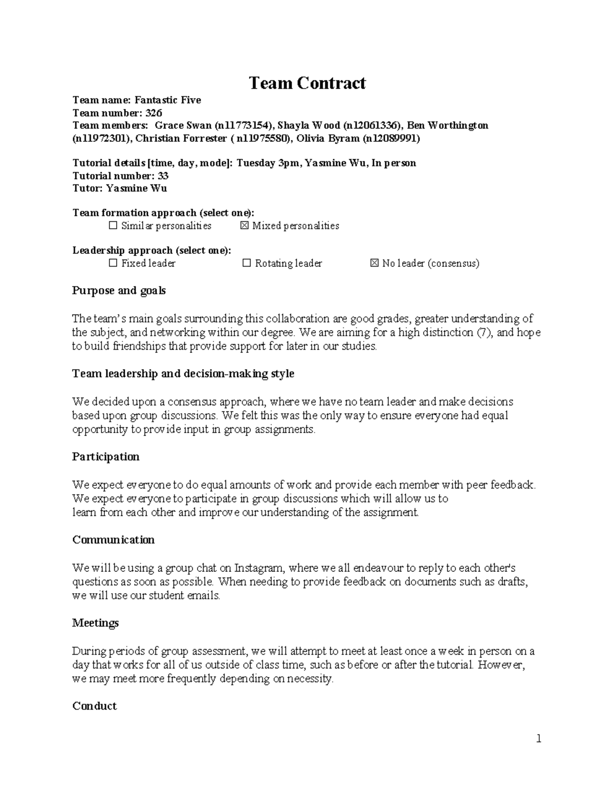 Team Contract Draft - Team Contract Team name: Fantastic Five Team ...