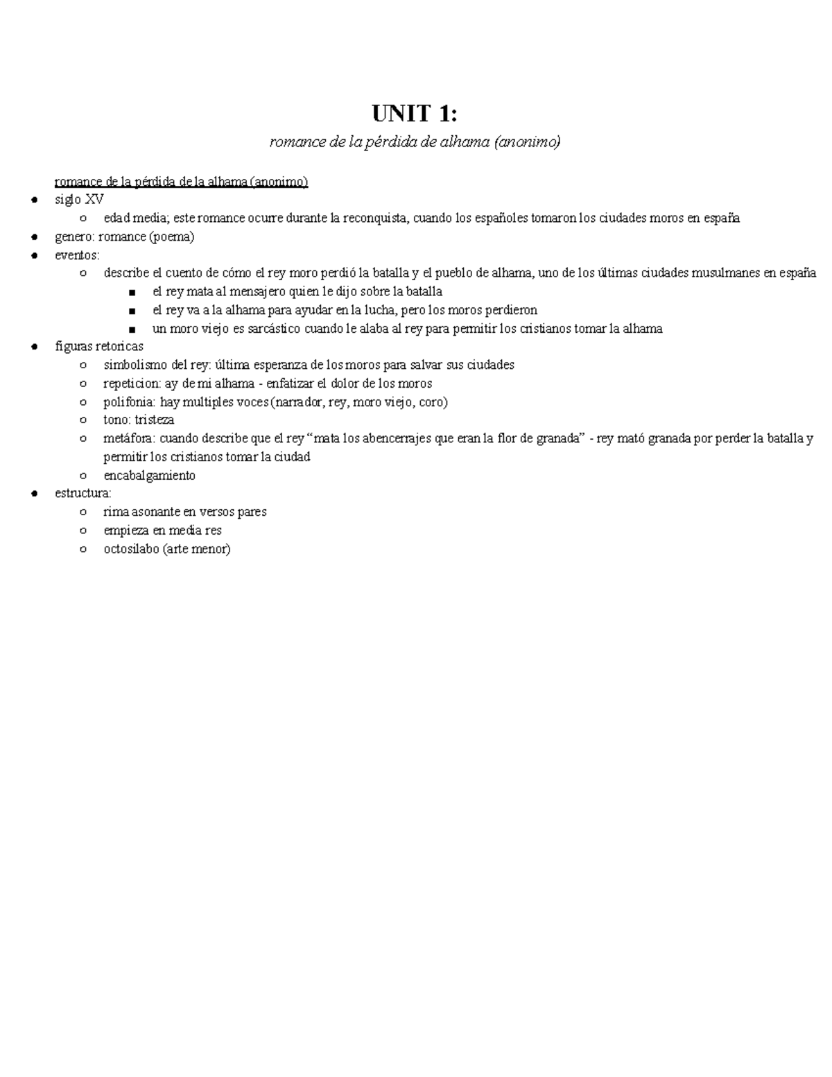 Spanish Literature Exam Review - UNIT 1: romance de la pérdida de ...