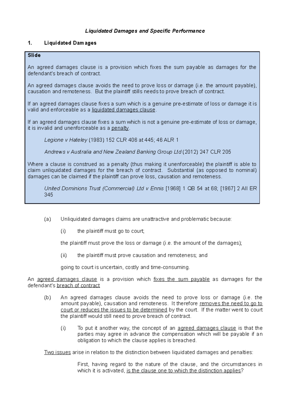 Cheat sheet - Liquidated Damages and Specific Performance - Liquidated ...