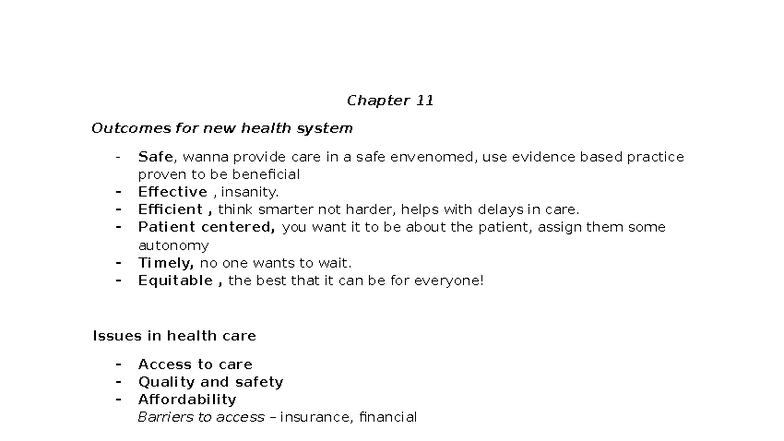 Unit 2: Fundamentals of Nursing - Chapter 11 Health System Outcomes ...