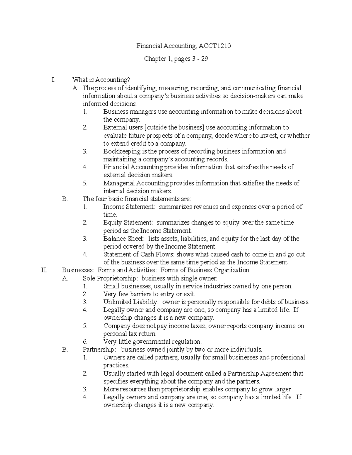 Chapter 1 Notes - Financial Accounting, ACCT1210 Chapter 1, pages 3 29 ...
